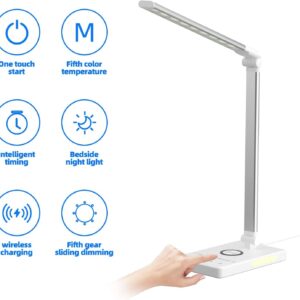 LED Desk Lamp with Wireless Charger, USB Charging Port, Touch Control Desk Lamp with 5 Color Modes, 7 Brightness Levels, Auto Timer, Dimmable Eye Caring Reading Desk Light for Study Home Office