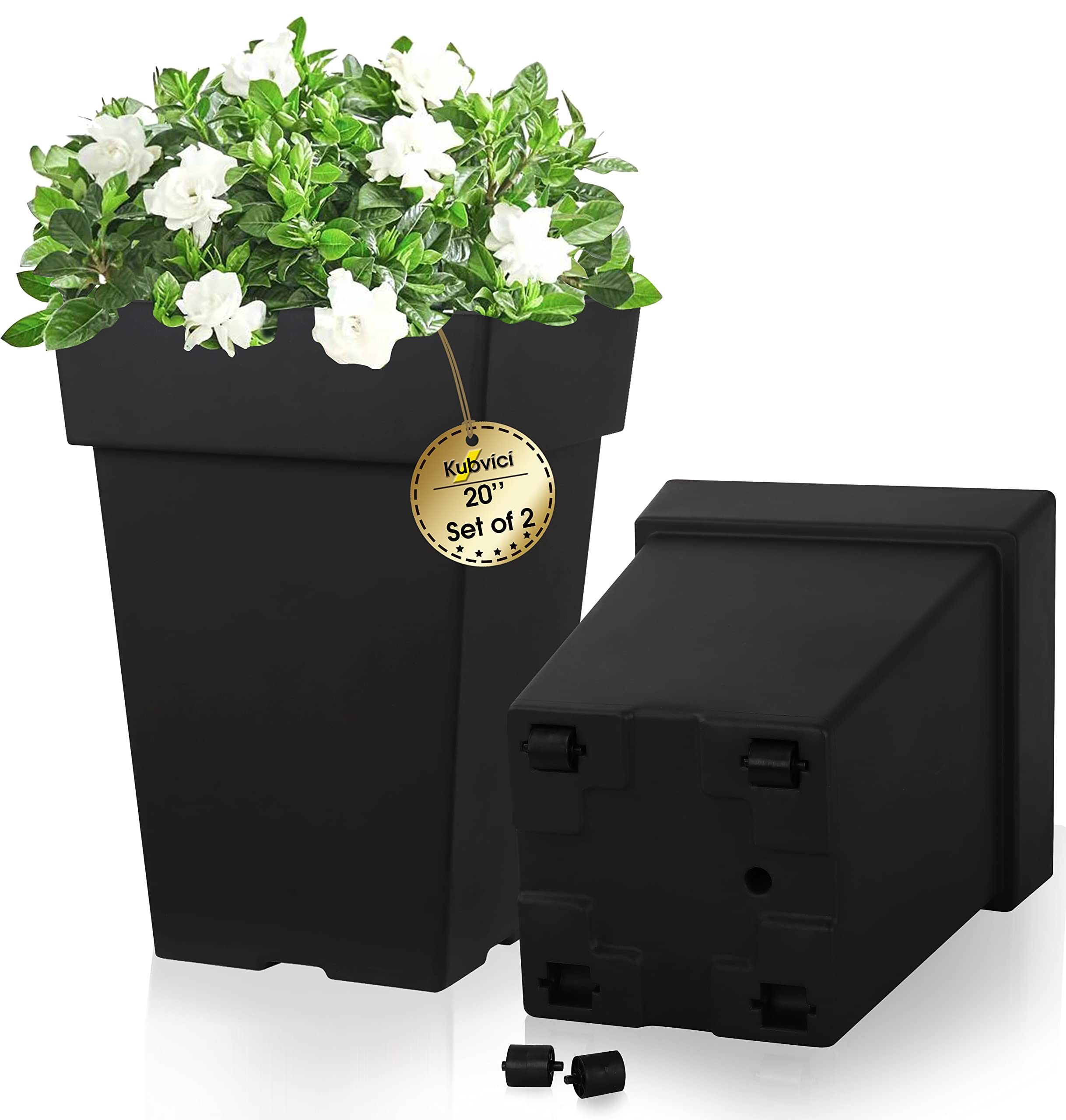 kubvici 20 Inch Tall Planters for Outdoor Indoor Plants, Set of 2 Large Plastic Plant Pots Flower Pot Outdoor Planter for Front Porch Door Balcony Deck with Drainage, with Removable Wheel, Black 20"