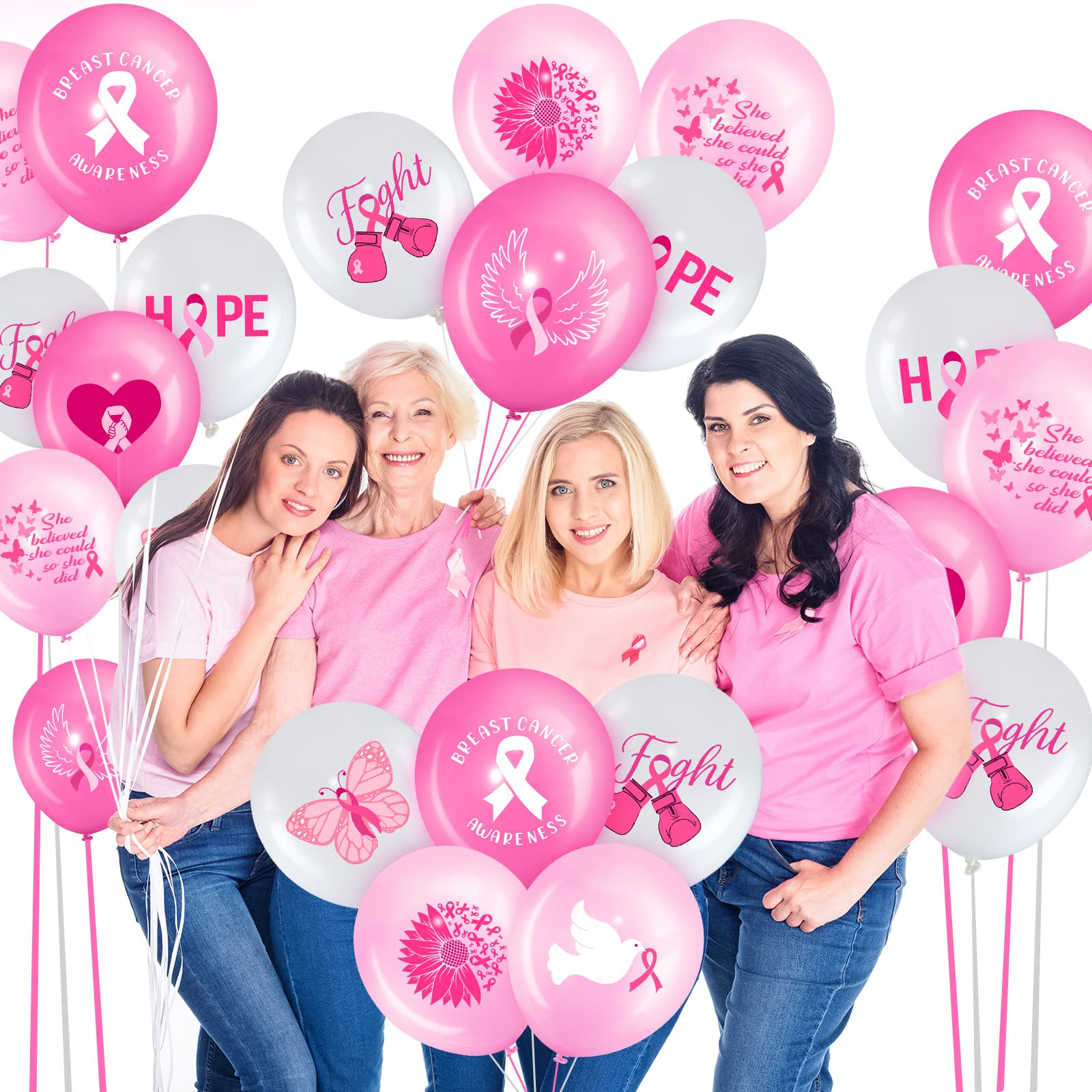 45 Pcs Breast Cancer Awareness Balloons Pink Ribbon Latex Balloons Breast Cancer Balloon Bundle for Women Home Office Breast Cancer Awareness Party Supplies Indoor Outdoor Decor, 12 Inch