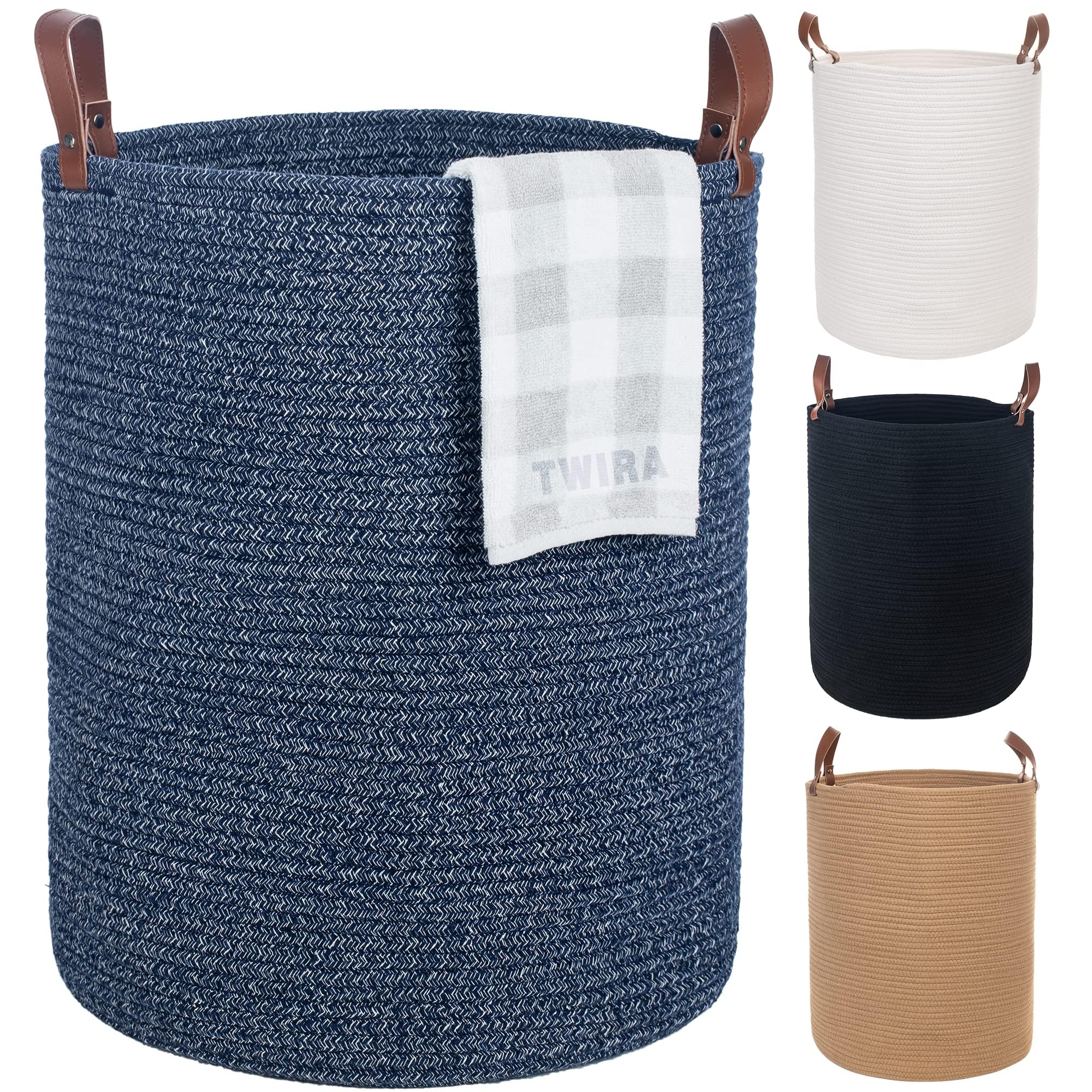 Twira Extra Large 20x16 Inches Cotton Rope Basket, Woven Baby Laundry Blanket Basket with Leather Handle Toy Basket Storage Baskets Bin for Yoga Mat & Towel (Blue）