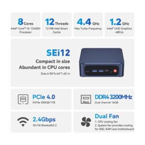 Beelink SEi12 Mini PC,12th Generation Intel Core i5-12450H Processor,up to 4.4Ghz(8C/12T),Mini Computer with 16GB DDR4 RAM/500GB M.2 2280 NVMe PCle 4.0 SSD,4K FPS/WiFi 6/BT5.2/Dual-Screen Display