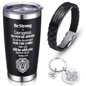 3 pcs christian gifts for men, encouraging gifts for men including christian keychain, 20 oz travel bible verse tumbler mug with slider lid, christian bracelets, inspiration religious gift for men boy