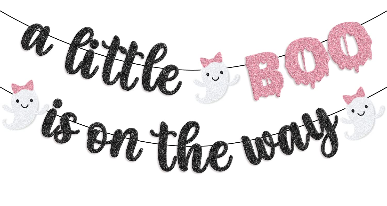 Halloween Girl Baby Shower Decorations, A Little Boo Is On The Way Banner, Pink and Black Glitter Halloween Birthday Decorations, Pink Halloween Baby Shower Decor, A little Boo Is Almost Due Banner