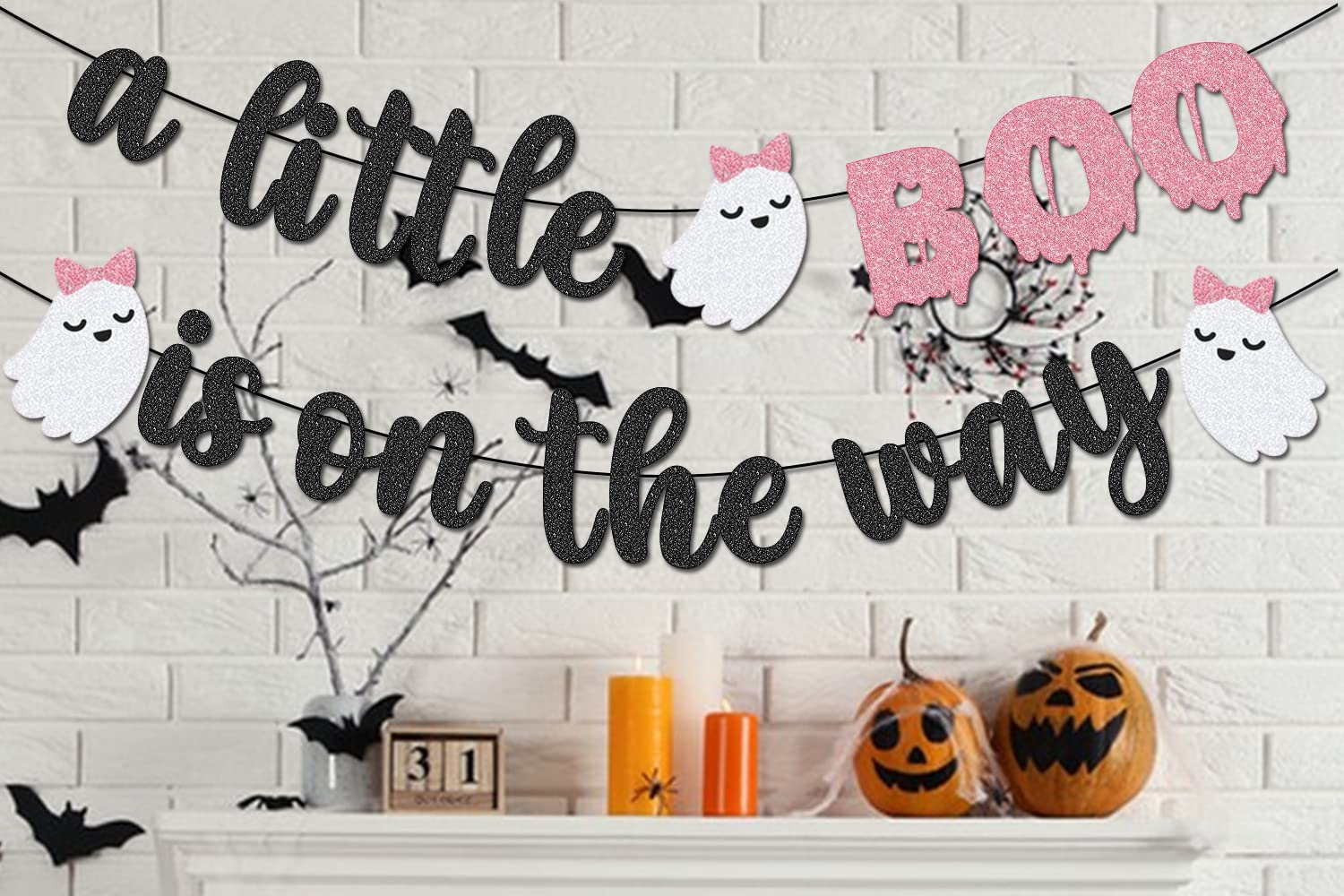 Halloween Girl Baby Shower Decorations, A Little Boo Is On The Way Banner, Pink and Black Glitter Halloween Birthday Decorations, Pink Halloween Baby Shower Decor, A little Boo Is Almost Due Banner