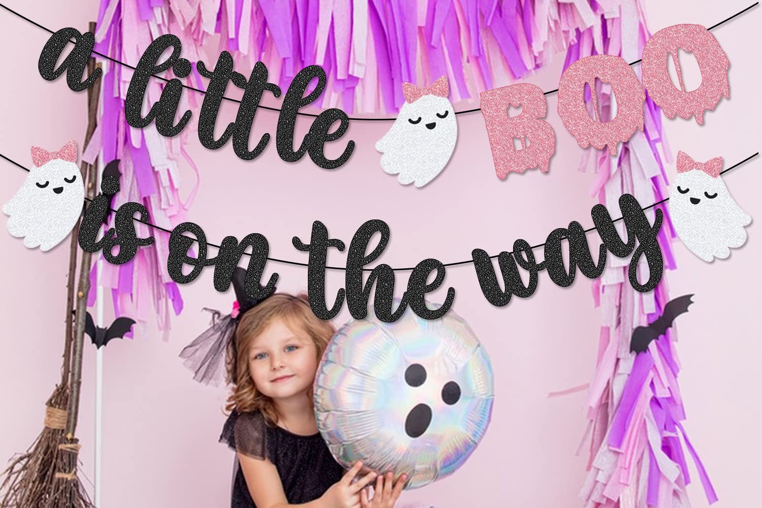 Halloween Girl Baby Shower Decorations, A Little Boo Is On The Way Banner, Pink and Black Glitter Halloween Birthday Decorations, Pink Halloween Baby Shower Decor, A little Boo Is Almost Due Banner