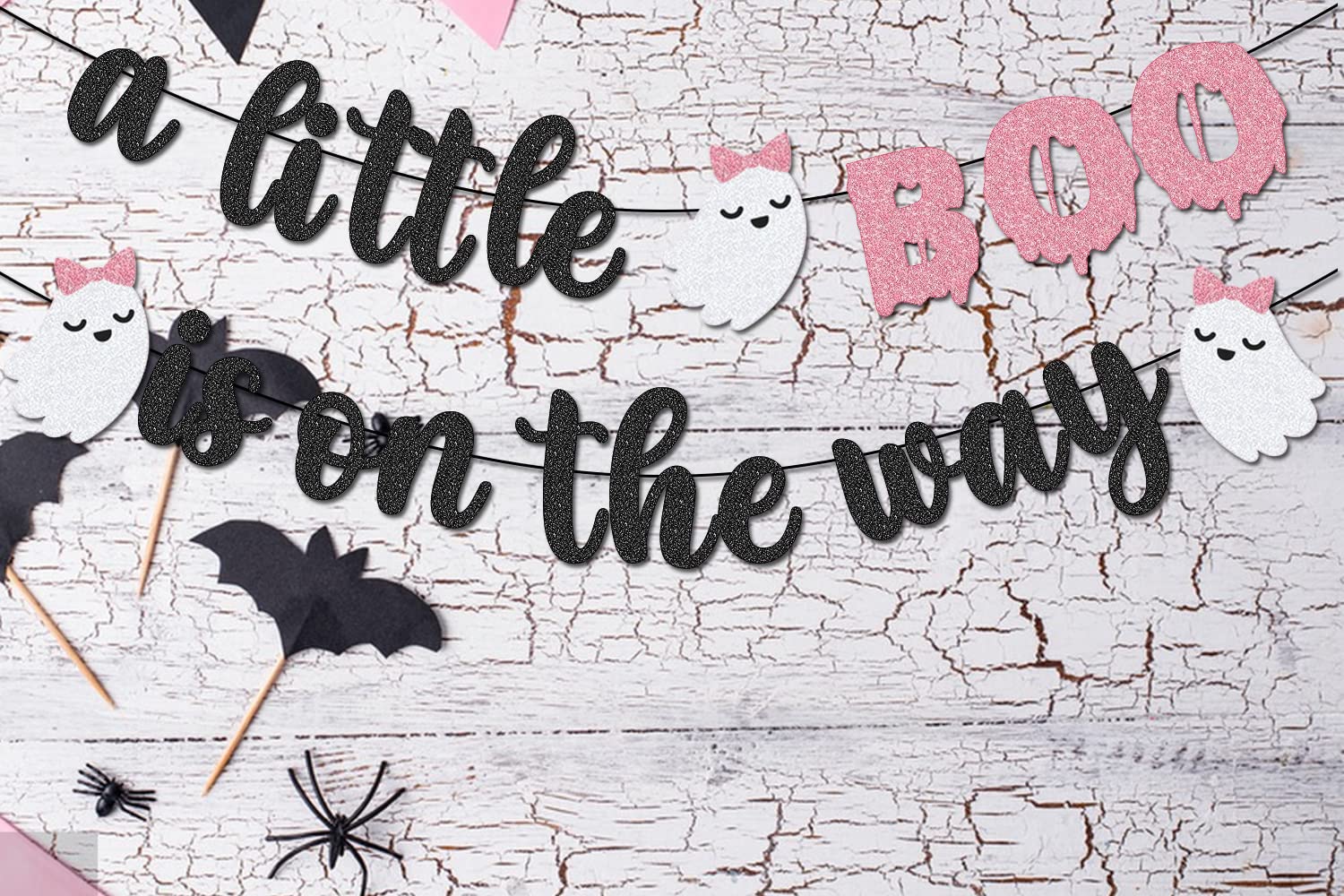 Halloween Girl Baby Shower Decorations, A Little Boo Is On The Way Banner, Pink and Black Glitter Halloween Birthday Decorations, Pink Halloween Baby Shower Decor, A little Boo Is Almost Due Banner