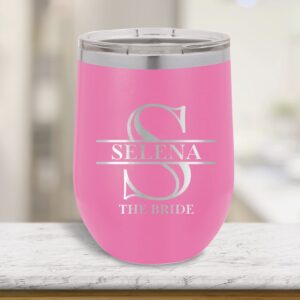 Custom Stemless Wine Cup 12oz Add Monogram Initial Stainless Steel Vacuum Insulated Wine Tumbler With Lid Pink