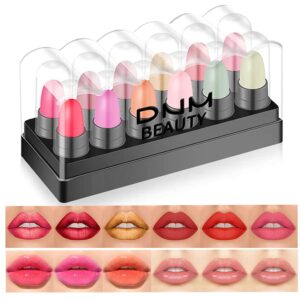 12pcs capsule pills lipstick mini lip stick packs matte lipstick set for women,3 strawberry mint apple flavor lip balm, 3 changing color jelly magic lipstick, 3 matte lipstick, 3 metallic lipstick, long-lasting wear non-stick cup not fade waterproof lipst