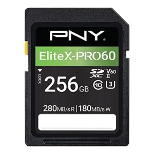 pny 256gb elitex-pro60 uhs-ii sdxc memory card - r280mb/s w180mb/s, u3, v60, 4k uhd, full hd, uhs-ii for professional photographers & content creators, dslr mirrorless cameras, advanced video cameras