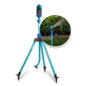 aqua joe aj-6pstb-max hd sprinkler & mister w/metal tripod base, 6 patterns, 4100 sq. ft. coverage, blue