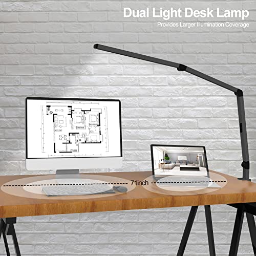 EPABINA LED Desk Lamp, Swing Arm Adjustable Black Desk Lamp with Clamp, 12W Table Light Eye-Care Modern Dual Light Large Desk Light Workbench Office Light For Monitors