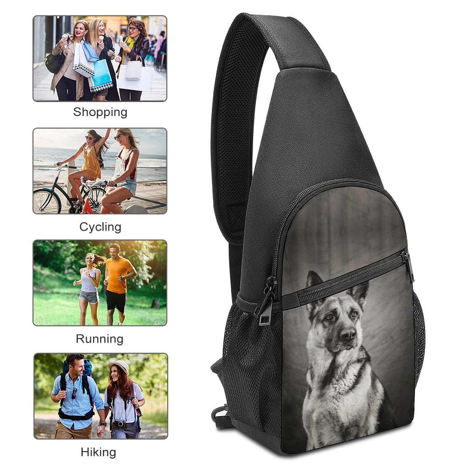 Black And White German Shepherd Crossbody Shoulder Bag Sling Backpack Travel Hiking Daypack Casual Chest Pack For Women Man One Size