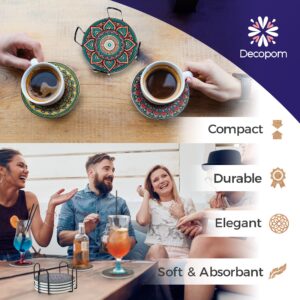 Mandala Drink Coasters with Holder - 8 Set Ceramic Boho Coaster for Drinks Absorbent with Cork Base and Black Holder - Coasters for Coffee Table Apartment Wooden Bar Mugs Glasses Cup Beer