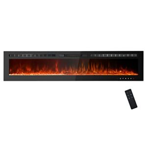 anpuce 80 inch ultra-thin electric fireplace recessed and wall mounted with touch screen control panel/remote control- timer,realistic 5 flame - log & crystal hearth options