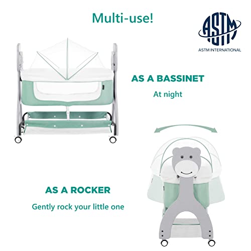 Dream On Me Cub Portable Bassinet in Mint, Multi-Use Baby Bassinet with Locking Wheels, Large Storage Basket, Mattress Pad Included, JPMA Certified