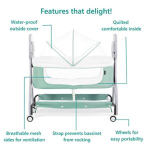 Dream On Me Cub Portable Bassinet in Mint, Multi-Use Baby Bassinet with Locking Wheels, Large Storage Basket, Mattress Pad Included, JPMA Certified