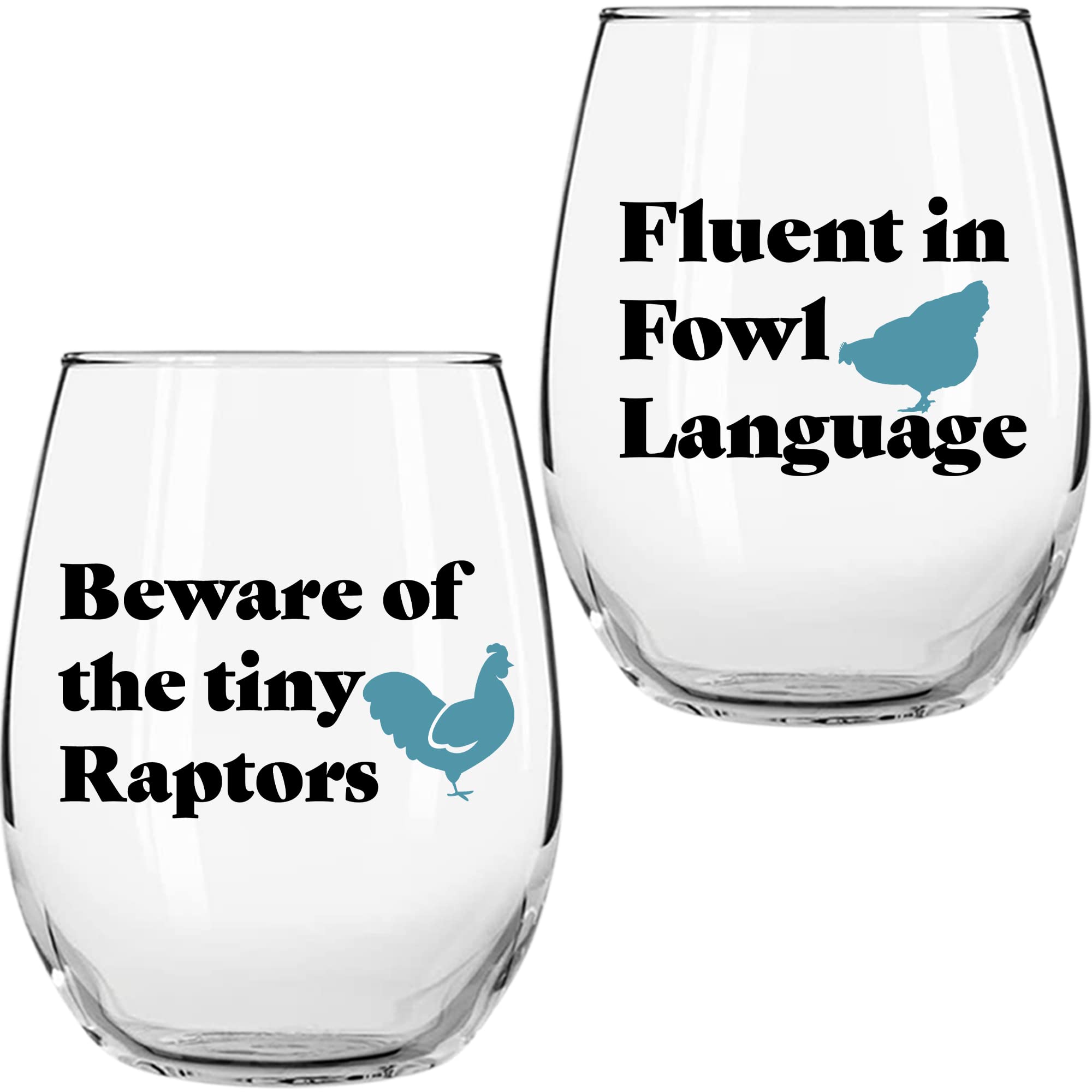 Funny Chicken Gifts for Chicken Lovers - “Beware of the Tiny Raptors” “Fluent in Fowl Language” 17Oz 2PC Stemless Wine Glass Set, Colored - Funny Chicken Glasses - Chicken Gifts for Women