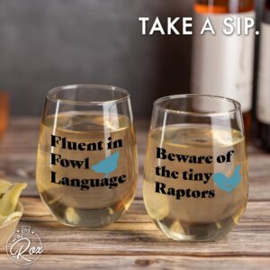 Funny Chicken Gifts for Chicken Lovers - “Beware of the Tiny Raptors” “Fluent in Fowl Language” 17Oz 2PC Stemless Wine Glass Set, Colored - Funny Chicken Glasses - Chicken Gifts for Women