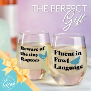 Funny Chicken Gifts for Chicken Lovers - “Beware of the Tiny Raptors” “Fluent in Fowl Language” 17Oz 2PC Stemless Wine Glass Set, Colored - Funny Chicken Glasses - Chicken Gifts for Women