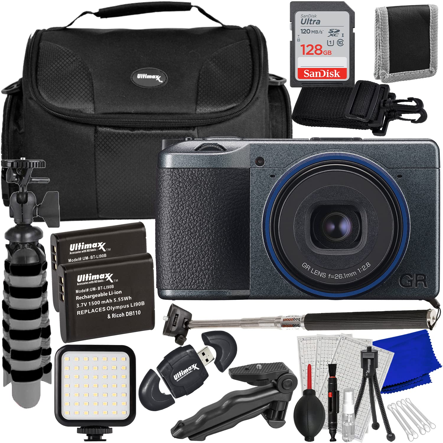 Ultimaxx Advanced Bundle + Ricoh GR IIIx Urban Edition Digital Camera + SanDisk 128GB Ultra SDXC Memory Card, 2X Replacement Batteries, LED Light Kit with Mounting Bracket & Much More (22pc Bundle)