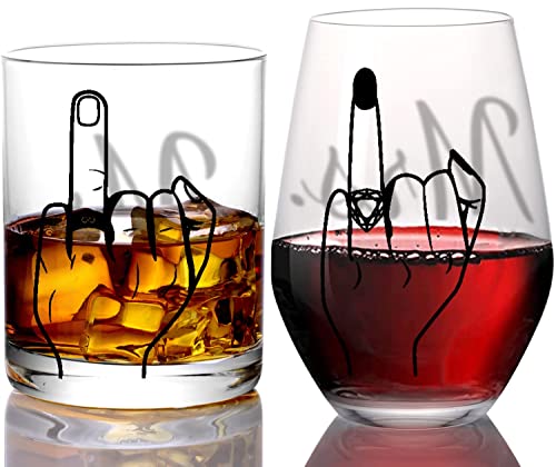 Engagement Gifts for Couple- Wine and Whiskey Mr and Mrs Gifts,Wedding Gifts for Couple,Mr and Mrs Glasses,Unique Bridal Shower Gift for Bride