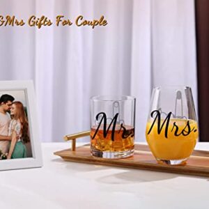 Engagement Gifts for Couple- Wine and Whiskey Mr and Mrs Gifts,Wedding Gifts for Couple,Mr and Mrs Glasses,Unique Bridal Shower Gift for Bride