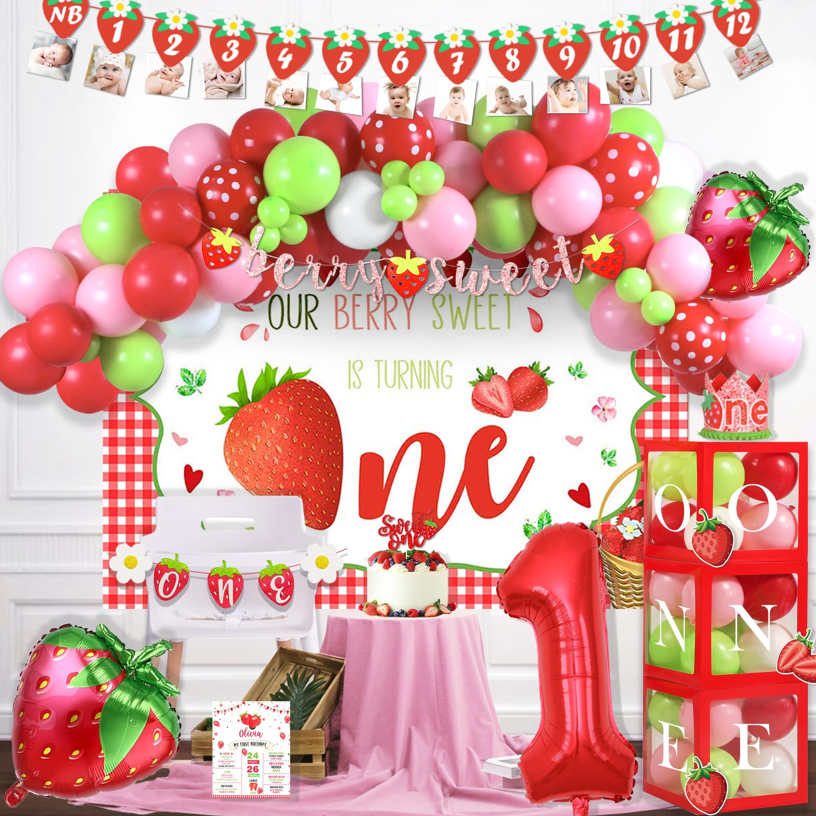 Hombae Strawberry 1st Birthday Party Decorations, Berry Sweet One Berry First Birthday Party Decorations Backdrop Balloon Garland Glitter High Chair Banner Boxes Crown Poster Pink White Red