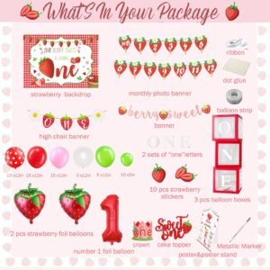 Hombae Strawberry 1st Birthday Party Decorations, Berry Sweet One Berry First Birthday Party Decorations Backdrop Balloon Garland Glitter High Chair Banner Boxes Crown Poster Pink White Red