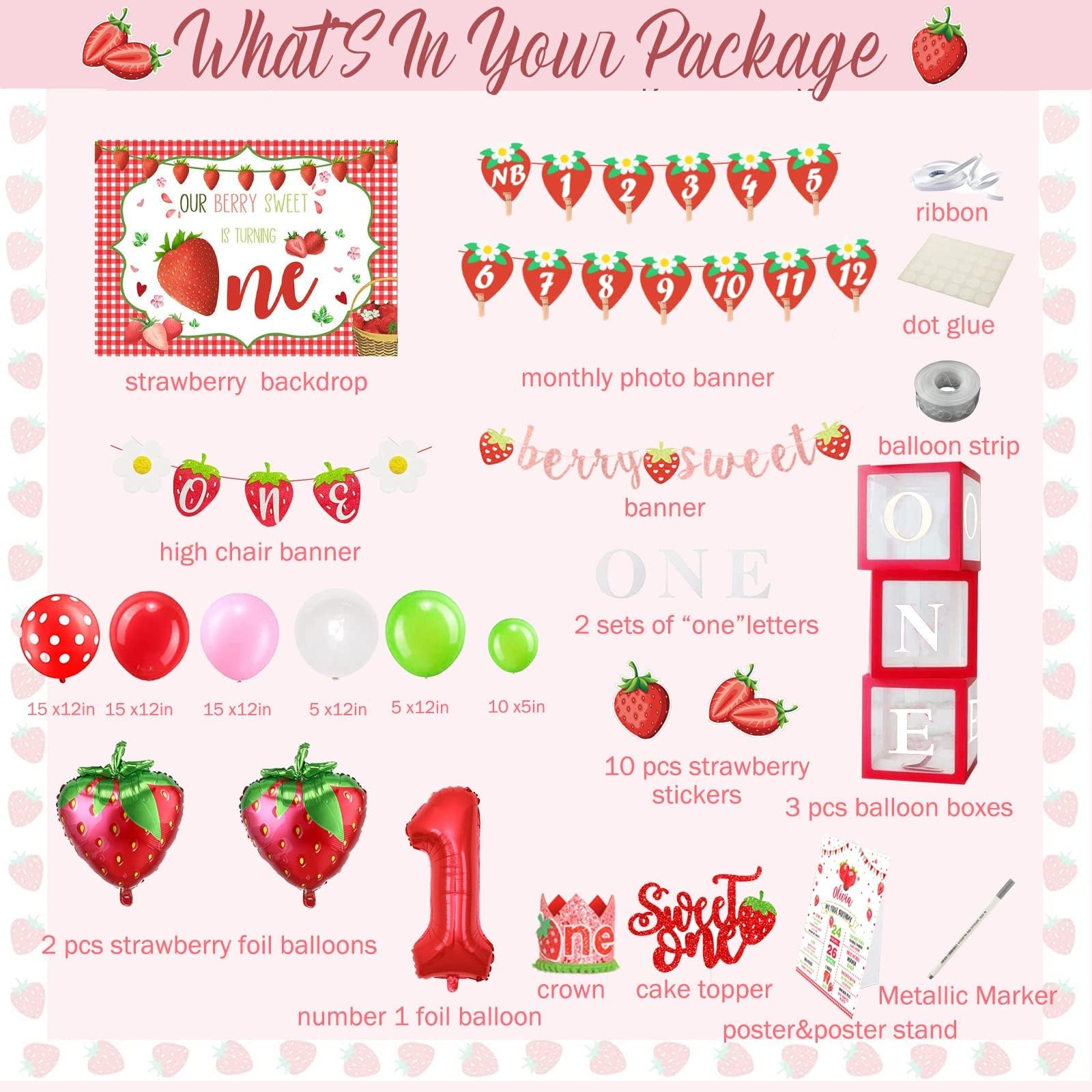 Hombae Strawberry 1st Birthday Party Decorations, Berry Sweet One Berry First Birthday Party Decorations Backdrop Balloon Garland Glitter High Chair Banner Boxes Crown Poster Pink White Red