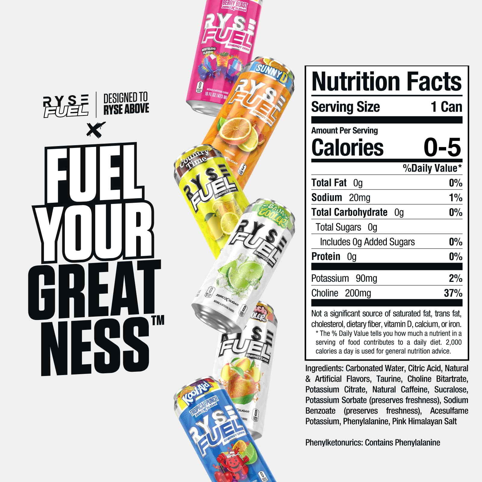 RYSE Up Supplements RYSE Fuel Sugar Free Energy Drink | Vegan Friendly, Gluten Free | 0-5 Calories | 200mg Natural Caffeine | 12 Pack (Variety Pack)