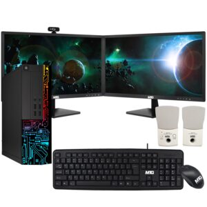 computer desktop pc, intel core i5, siwa 8, 8gb ram, 128gb ssd boot + 500 gb hdd, dual 27 inch monitor, mtg usb wired keyboard mouse, speaker with webcam, wifi, win 11 home (renewed)