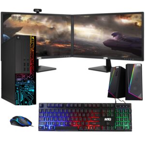 computer desktop pc, intel core i7, techmagnet siwa 8, 16gb ram, 128gb ssd boot + 2tb hdd, dual 27 inch monitor, mtg rgb keyboard mouse, rgb speaker with webcam, wifi, win 11 home (renewed)