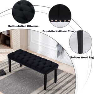 KCC Button-Tufted Ottoman Bench, Upholstered Bedroom Benches Velvet Footrest Stool Accent Bench for Entryway Dining Room Living Room Bedroom End of Bed, Black