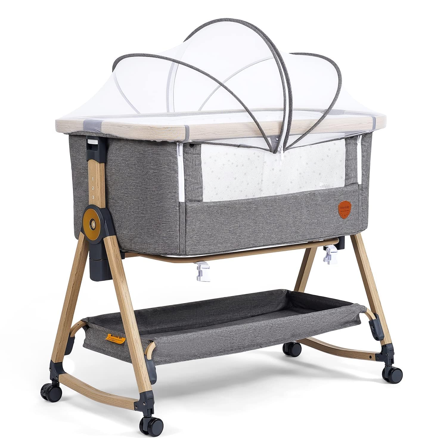 Maydolly Baby Bedside Sleeper, Rocking Bassinets Bedside with Storage Basket and Wheels, Baby Crib Adjustable Height Portable Baby Bed for Newborn Infant (Grey)