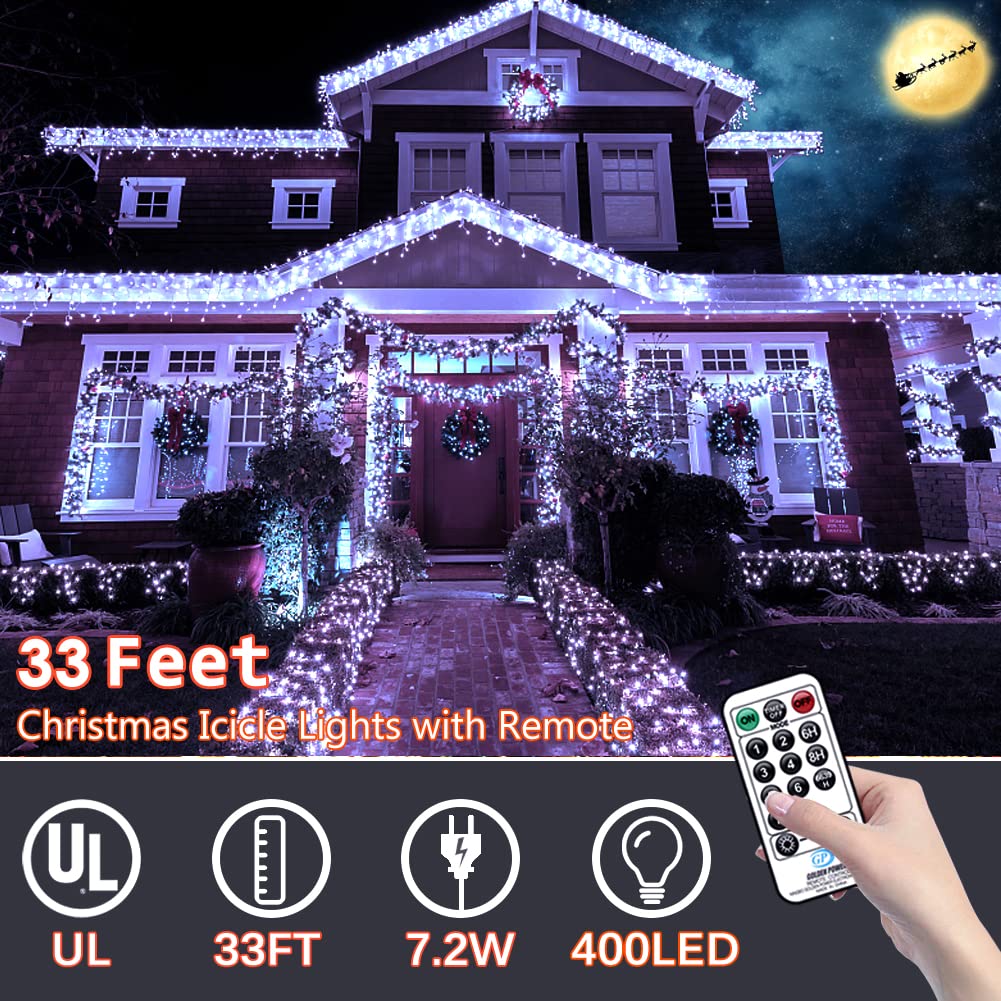 Christmas Icicle Lights Outdoor 33FT 400LED Outdoor Waterproof Holiday Decorations Lights with Remote Control, 8 Modes, Outside Christmas Lights for House, Porch, Eave, Garden Wall Decor (White)