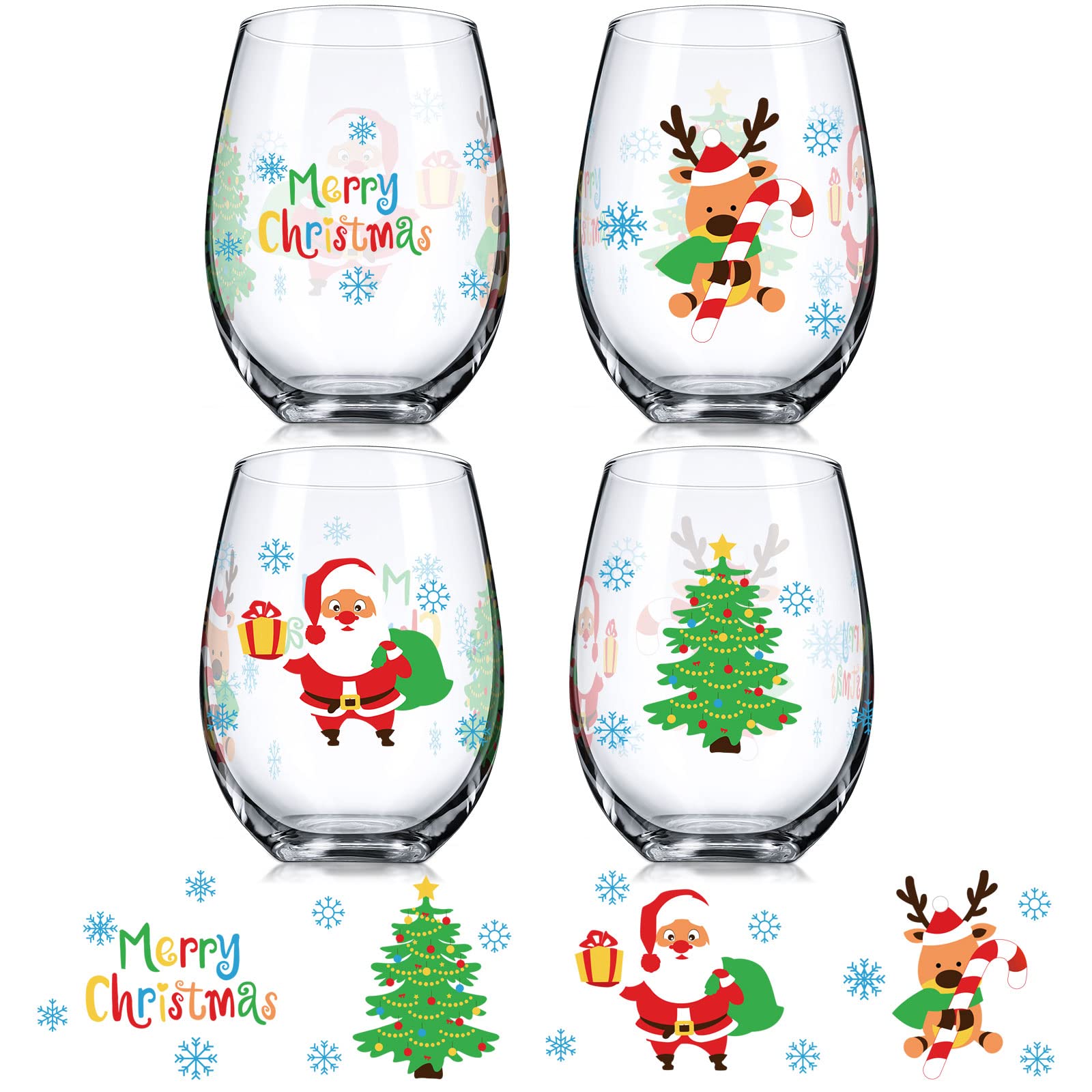 Patelai 4 Pieces Christmas Wine Glass, 17 oz Merry Christmas Wine Glass Christmas Stemless Wine Glass Creative Christmas Gifts for Women Men Family Friends