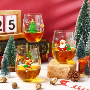 Patelai 4 Pieces Christmas Wine Glass, 17 oz Merry Christmas Wine Glass Christmas Stemless Wine Glass Creative Christmas Gifts for Women Men Family Friends