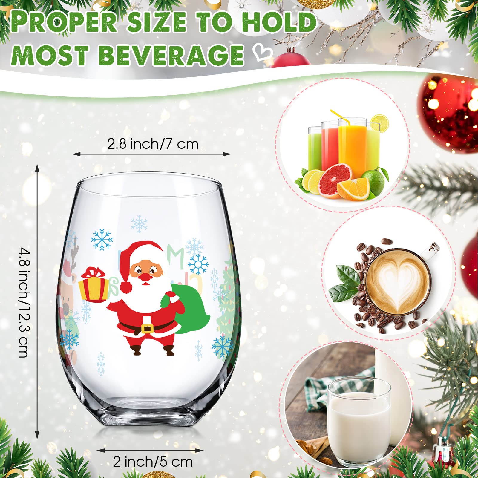 Patelai 4 Pieces Christmas Wine Glass, 17 oz Merry Christmas Wine Glass Christmas Stemless Wine Glass Creative Christmas Gifts for Women Men Family Friends