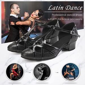 DKZSYIM Glitter Women Latin Dance Shoes Closed Toe Ballroom Salsa Tango Practice Performence Party Dancing Shoes,YC2040-Black-3,US 10