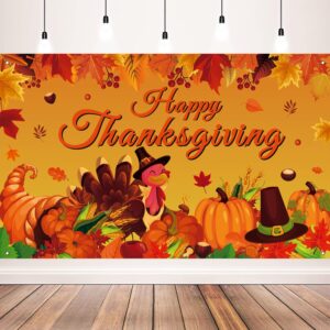 happy thanksgiving photo backdrop, fall maple leaves turkey pumpkin themed thanksgiving banner for thanksgiving party decorations, 71x43 inches