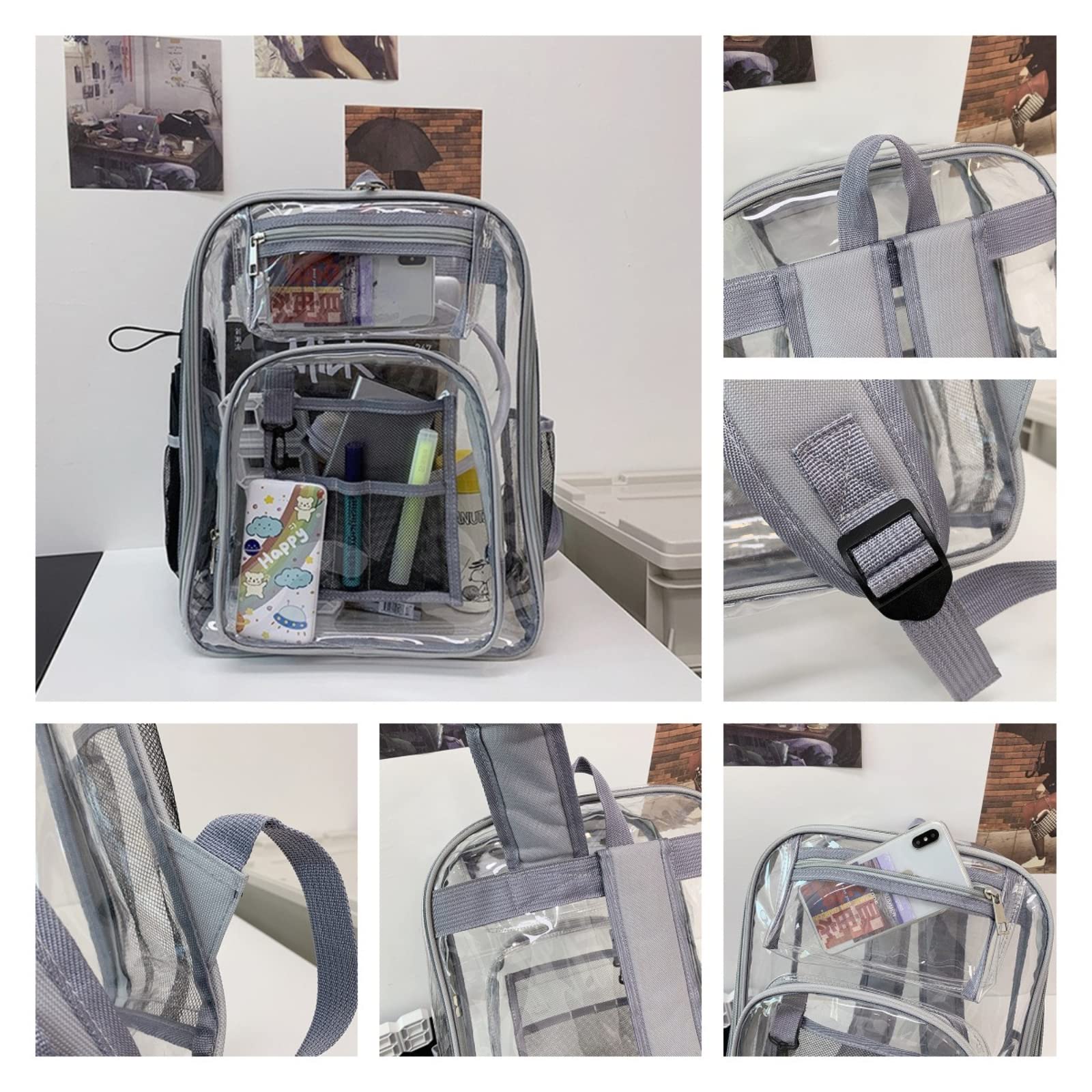 Verdancy Clear Backpack Transparent Bookbag See Through Schoolbag Heavy Duty PVC Waterproof Padded Straps (Gray)