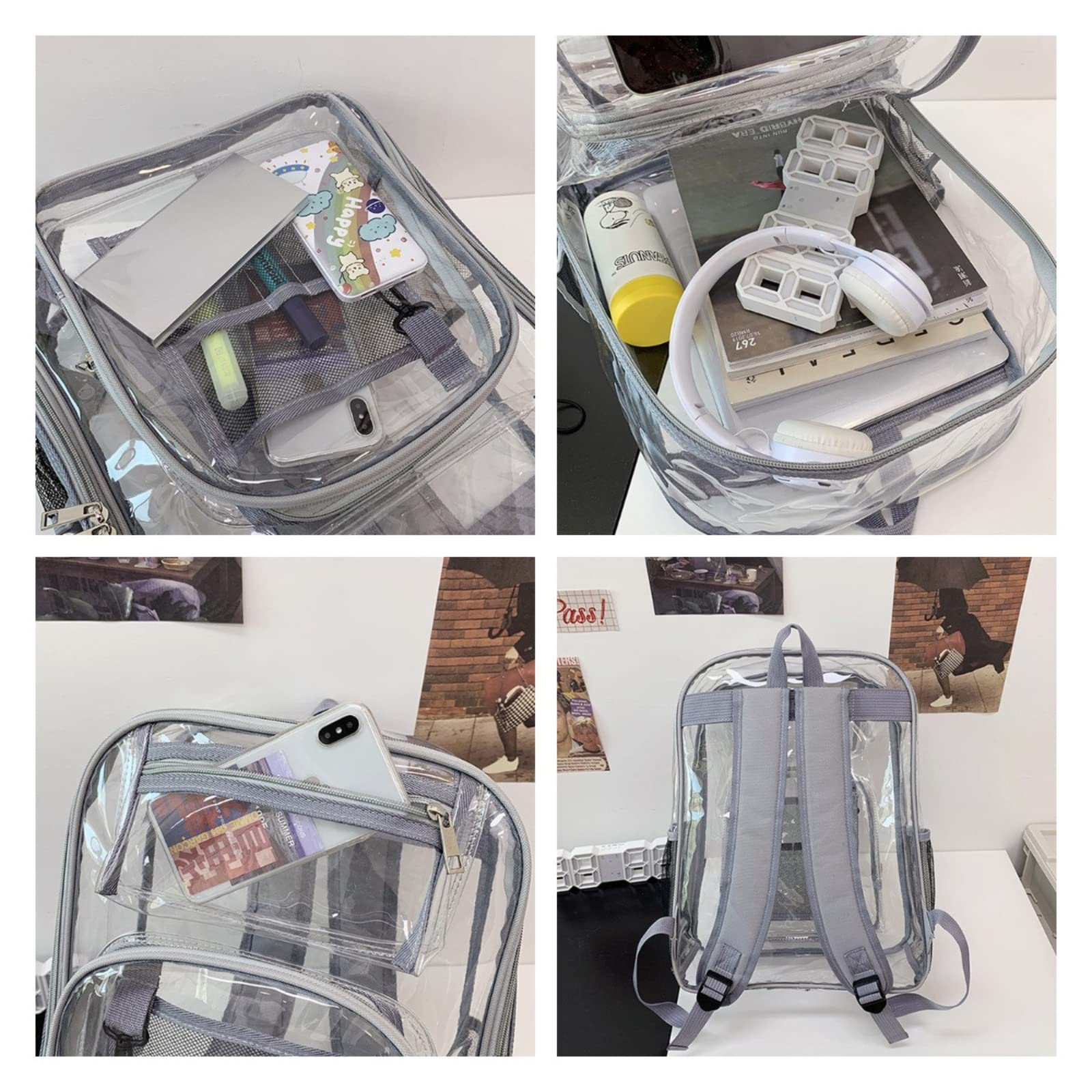 Verdancy Clear Backpack Transparent Bookbag See Through Schoolbag Heavy Duty PVC Waterproof Padded Straps (Gray)