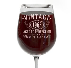 vintage 1963 etched 16oz stemmed wine glass - 61st birthday gifts for women - cheers to 61 years old - 61st decorations for her - best engraved wine gift ideas friend mom - sister 2.0