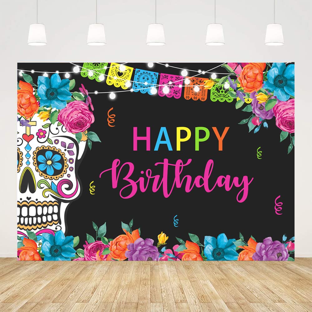 Ticuenicoa Day of The Dead Happy Birthday Backdrop for Mexican Fiesta Sugar Skull Flowers Photography Background Dia DE Los Muertos Party Decorations Supplies Fiesta Banner Photo Booth Studio 7x5ft