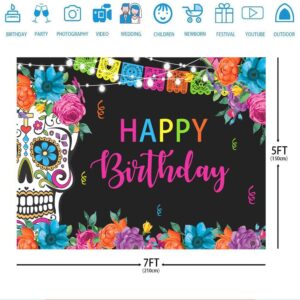 Ticuenicoa Day of The Dead Happy Birthday Backdrop for Mexican Fiesta Sugar Skull Flowers Photography Background Dia DE Los Muertos Party Decorations Supplies Fiesta Banner Photo Booth Studio 7x5ft