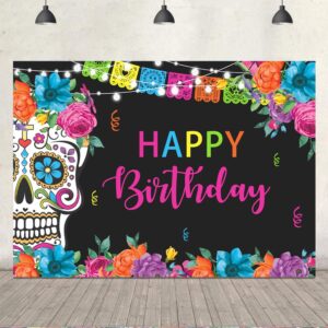 Ticuenicoa Day of The Dead Happy Birthday Backdrop for Mexican Fiesta Sugar Skull Flowers Photography Background Dia DE Los Muertos Party Decorations Supplies Fiesta Banner Photo Booth Studio 7x5ft