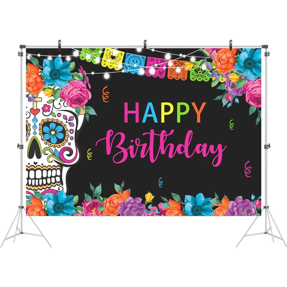 Ticuenicoa Day of The Dead Happy Birthday Backdrop for Mexican Fiesta Sugar Skull Flowers Photography Background Dia DE Los Muertos Party Decorations Supplies Fiesta Banner Photo Booth Studio 7x5ft