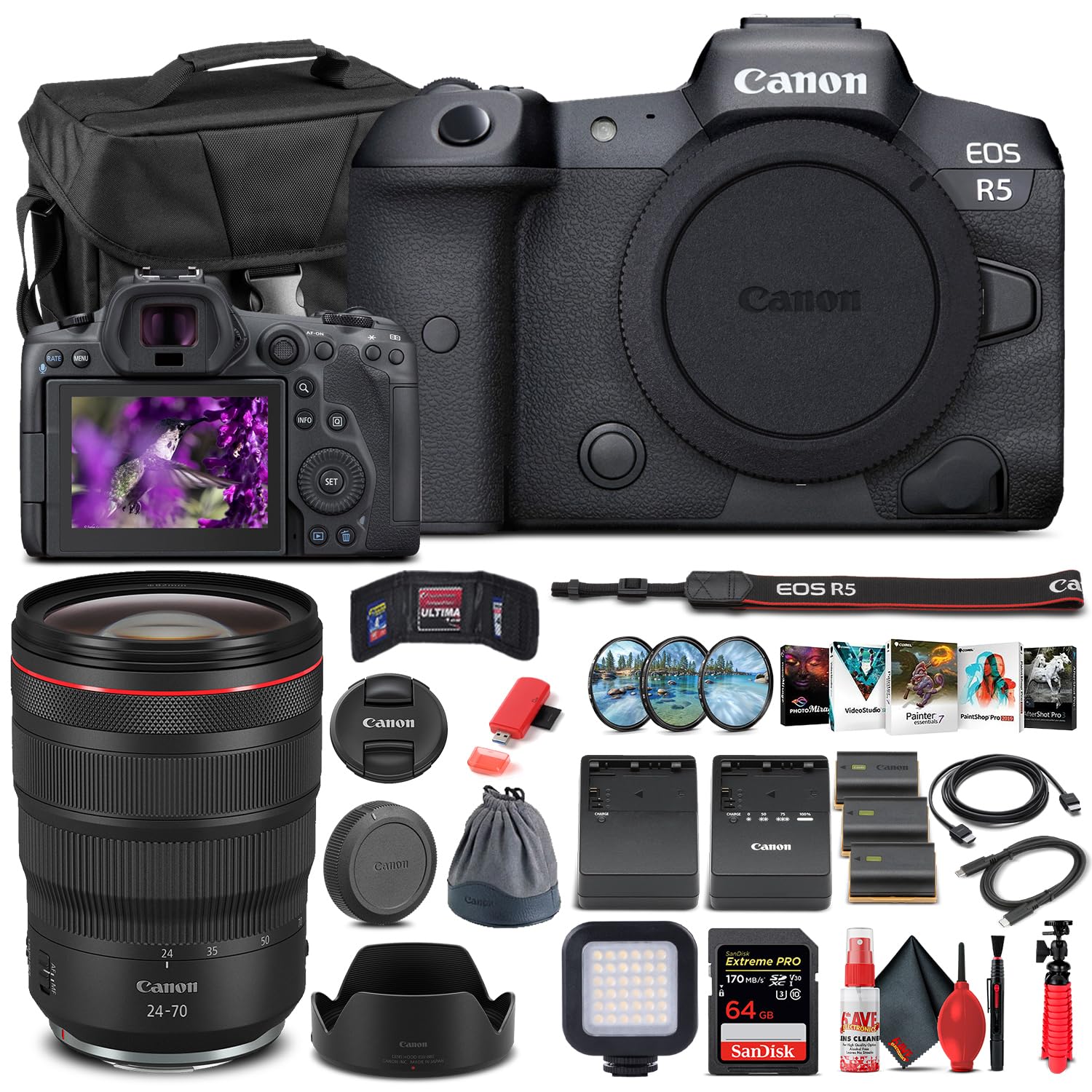 Canon EOS R5 Mirrorless Digital Camera (Body Only) (4147C002), Canon RF 24-70mm Lens, 64GB Memory Card, Case, Corel Photo Software, 2 x LPE6 Battery, External Charger, Card Reader + More (Renewed)