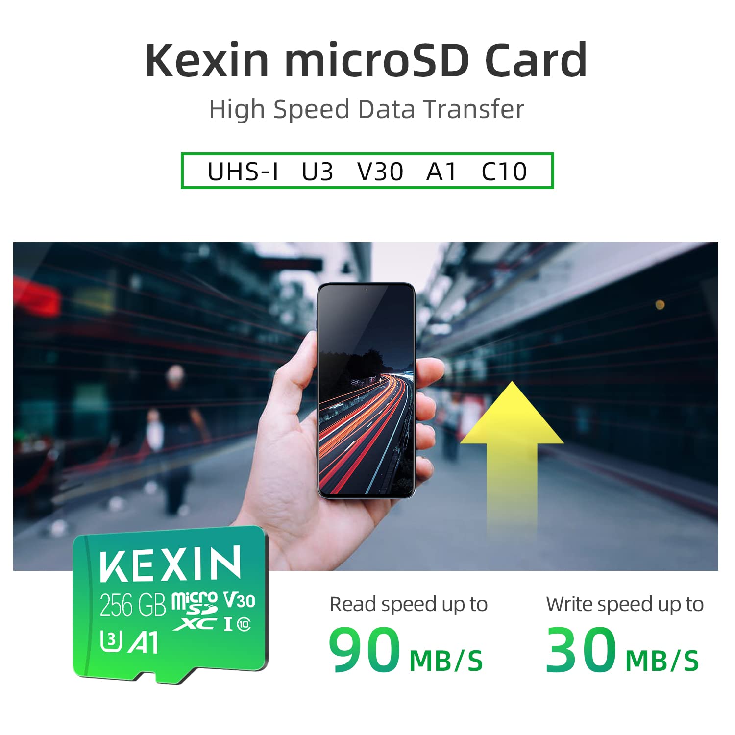 KEXIN 256GB Micro SD Card U3 SDXC Up to 90MB/s High Speed Memory Card with Adapter, C10, U3, V30, Full HD, 4K UHD, A1, Micro SD Card 256 GB