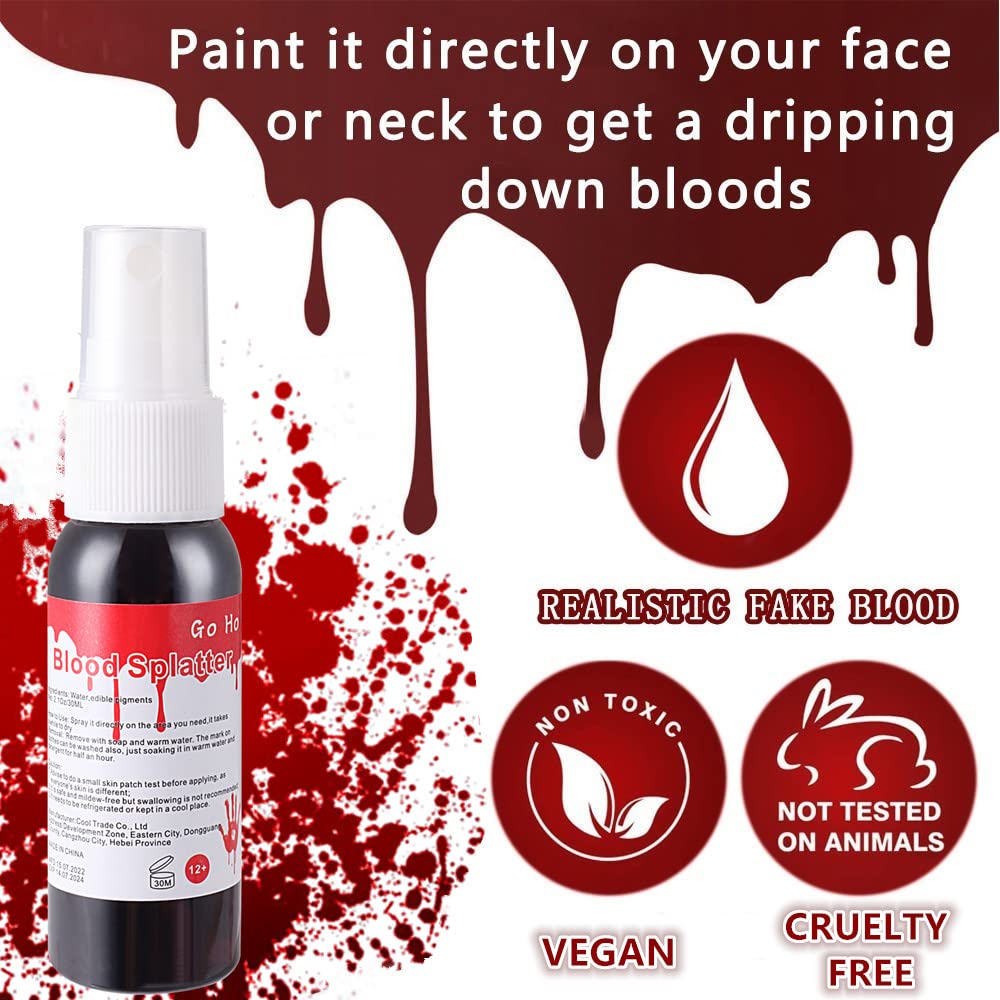 Go Ho Fake Blood,(1 oz)Fake Blood Spray,Halloween Fake Blood Washable,Eye Blood Drops,Blood Splatter for Clothes,Halloween Zombie Monster Vampire Blood Costume Cosplay Makeup,1PC